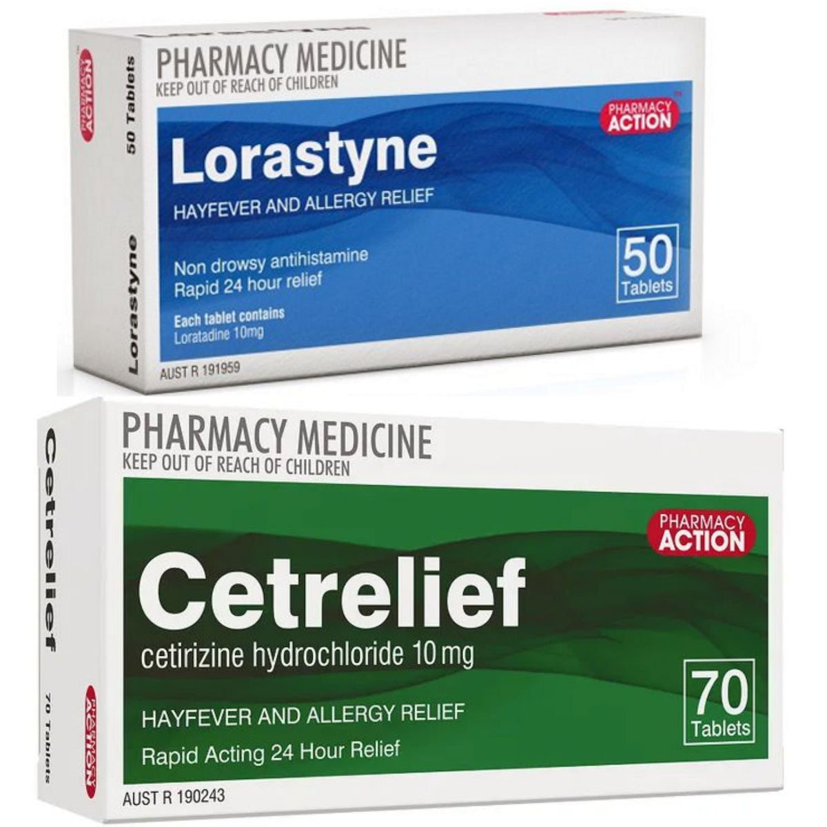 70x CETRELIEF 10mg Cetirizine + 50x LORASTYNE 10mg Loratodine tablets ...