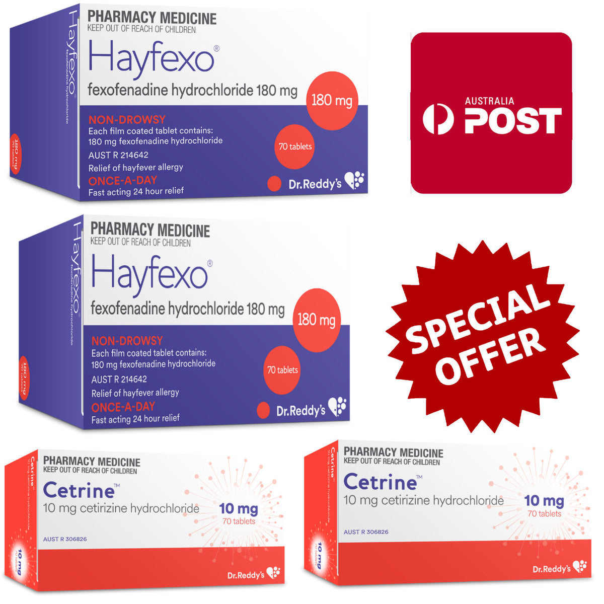 140x Hayfexo Fexofenadine Hydrochloride 180mg + 140x Cetrine Cetirizin ...