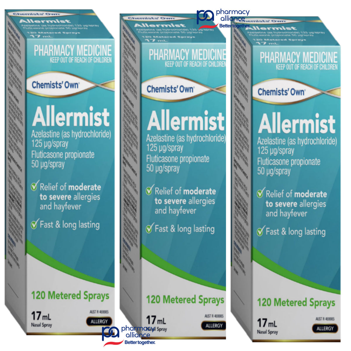3x Allermist 17ml Azelastine 125 ug/spray + Fluticasone propionate 50 ...