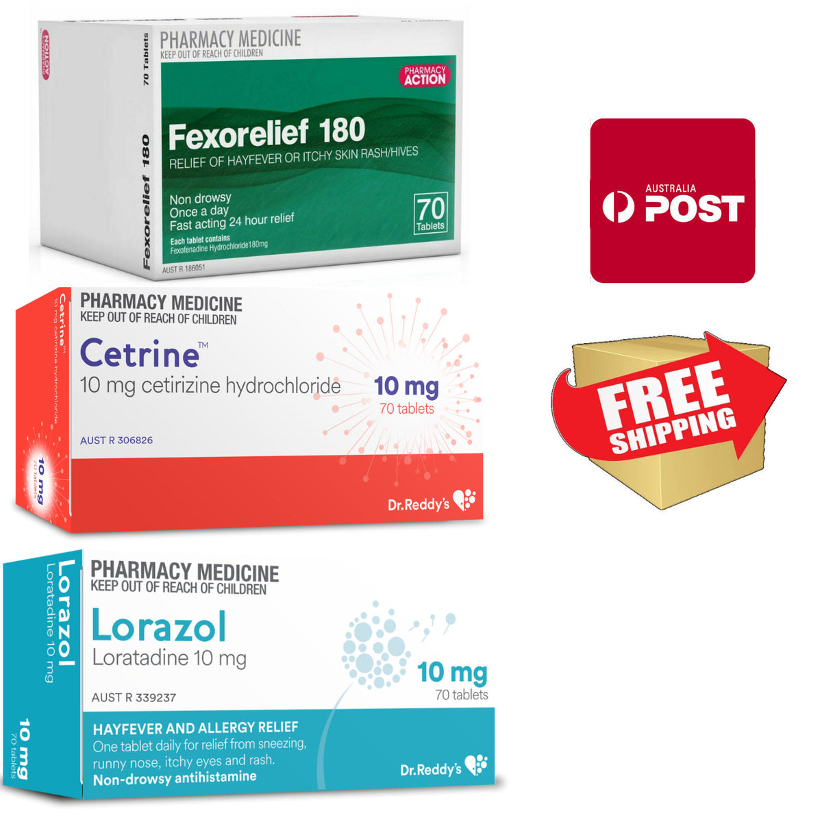 Hayfever Trio Bundle - 70x Fexofenadine 180mg + 70x Cetirizine 10mg ...