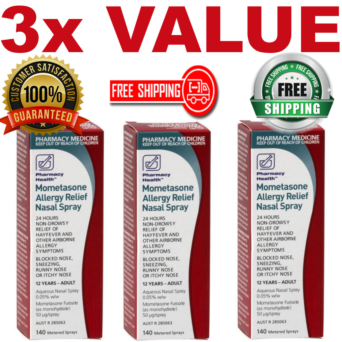 3 x 140 Dose Mometasone + Bonus Item (Generic Zyrtec, Claratyne or Sal ...